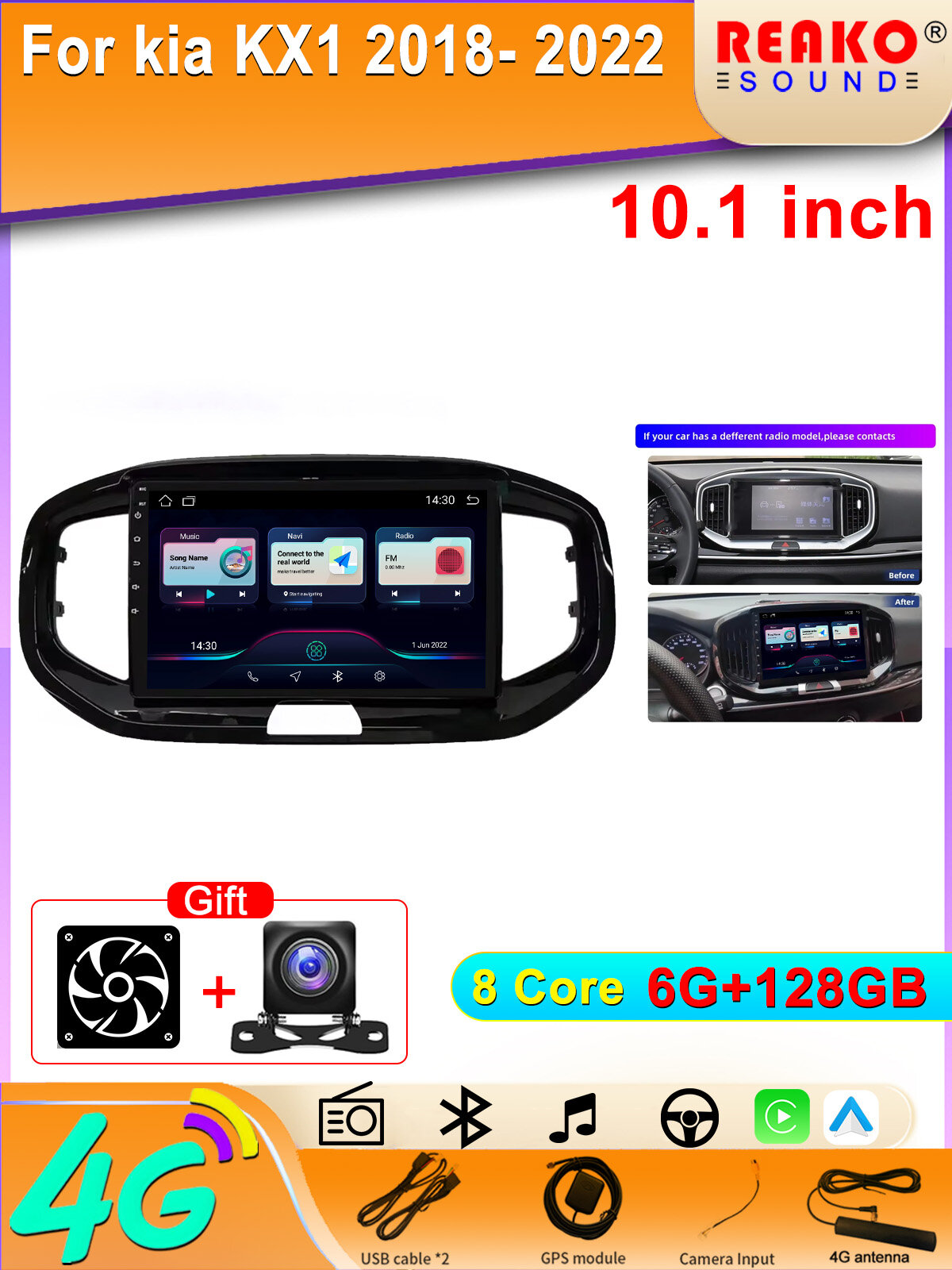 Магнитола для kia KX1 2018- 2022 , с камерой заднего вида. IPS экран 10.1 дюймов, Wifi 2din с сенсорным экраном, usb и блютузом.