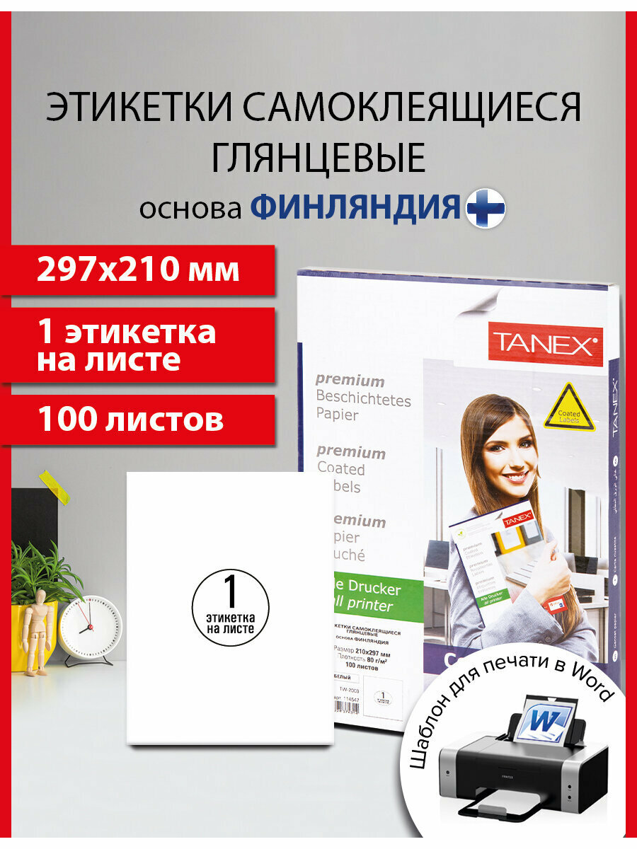 Этикетки / наклейки самоклеящиеся Глянцевая 210х297мм, 1 этикетка, белая, 80г/м2, 100 листов, Tanex, 114547