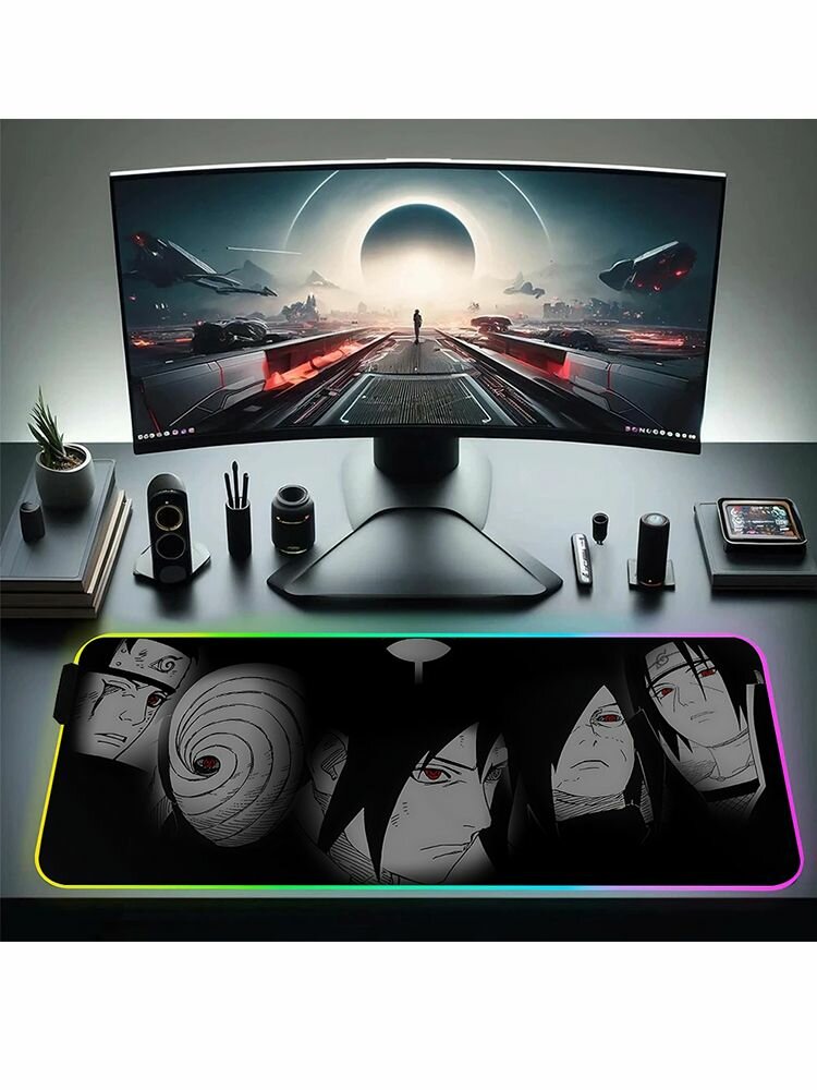 Коврик для мыши NARUTO SHIPPUDEN, аниме, нескользящий, с подсветкой, черный матовый/серебристый/черно-серый