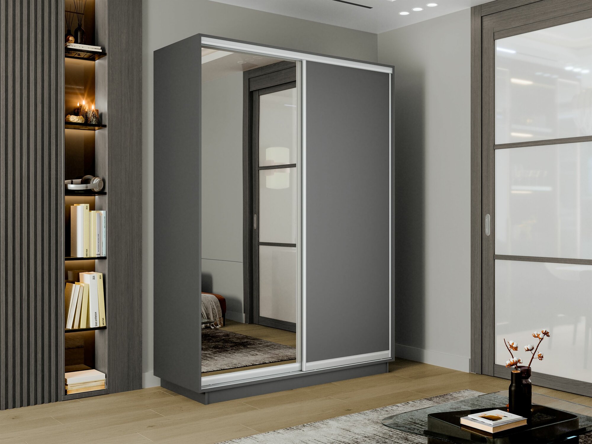 Шкаф купе Вилли 2-х дверный ЛДСП с зеркалом, профиль серебро 120 см х 220 см х 45 см (Серый диамант)