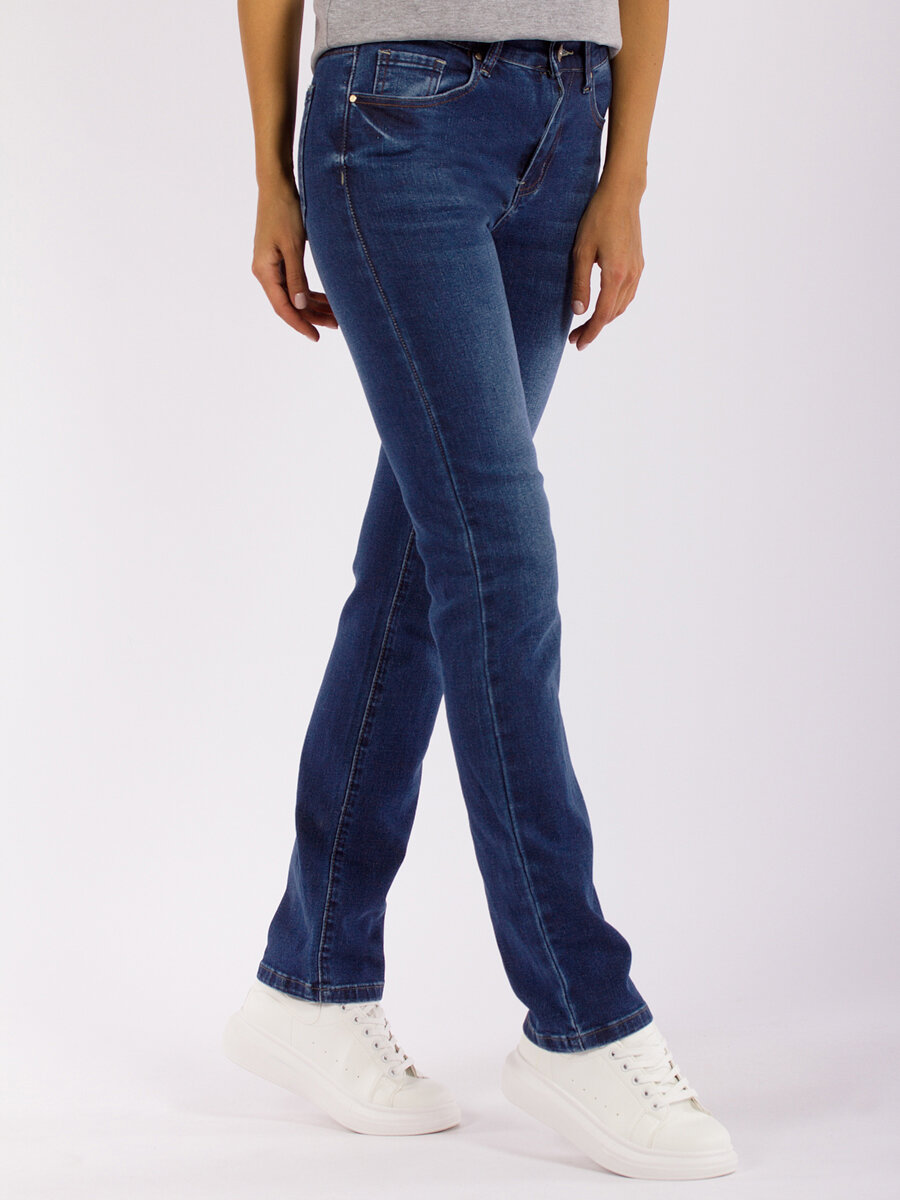 Джинсы прямые,с высокой талией,цвет темно-синий 