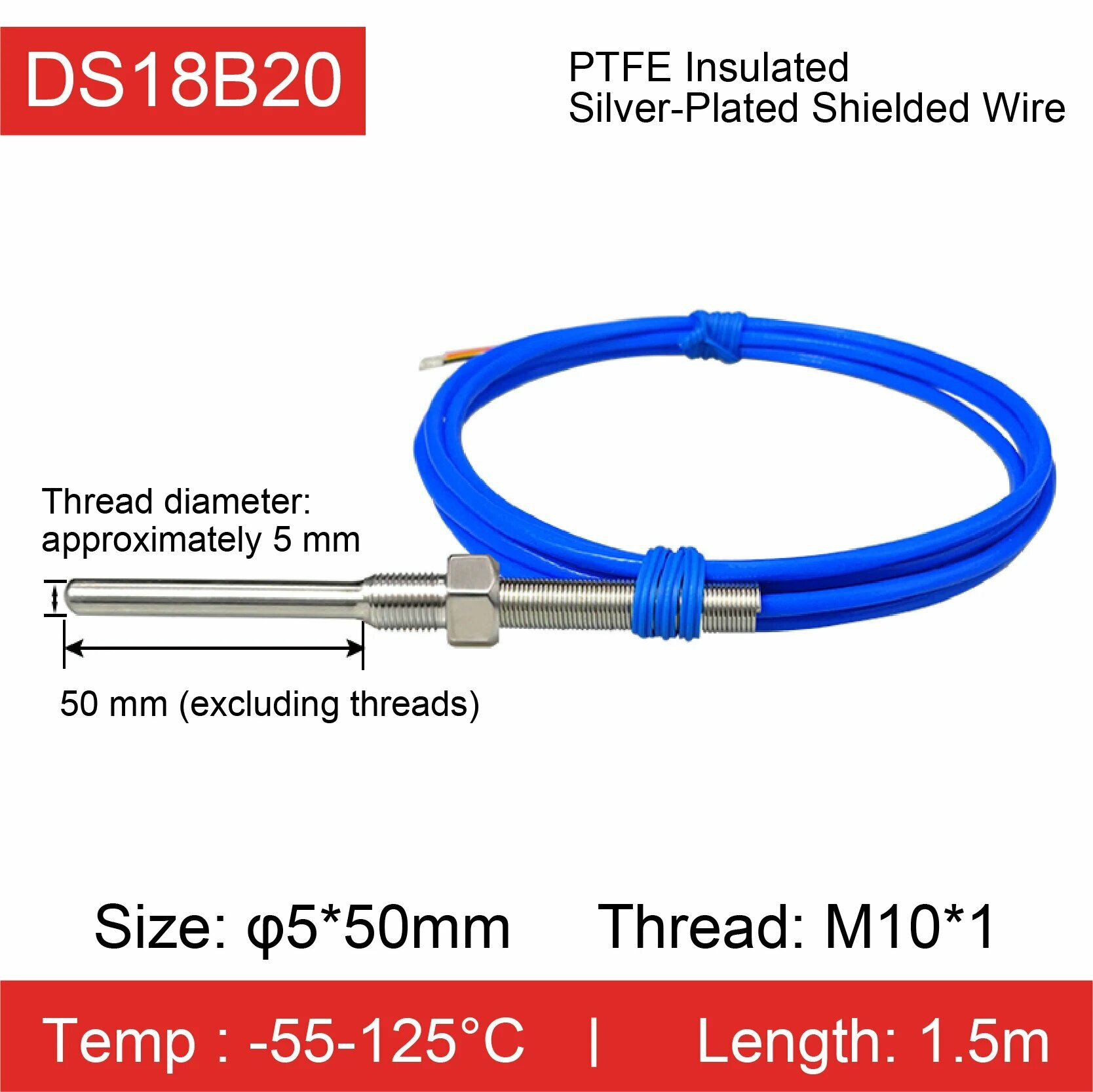 Датчик температуры DS18B20 CERTEON, нержавеющая сталь, синий кабель