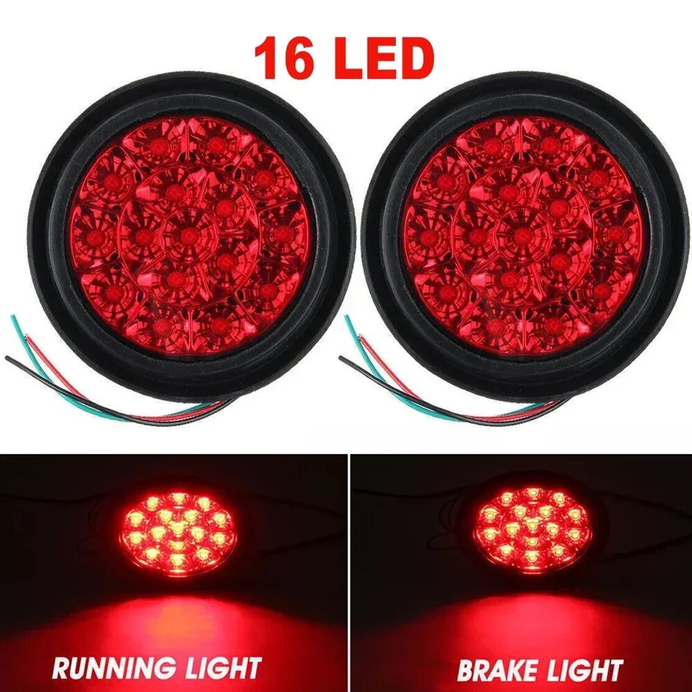Круглый 16-светодиодный 4-дюймовый задний фонарь, стоп-сигнал, боковой габаритный поворот, сигнальный фонарь, водонепроницаемый, грузовик, прицеп, автофургон, 12 В 24 В 2x Red 12V 24V