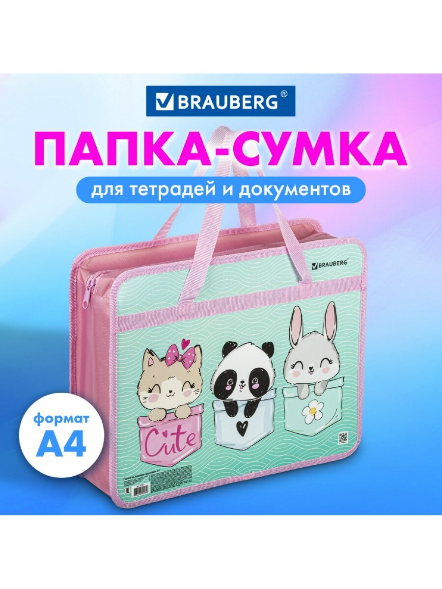 Папка для тетрадей и документов школьная а4 на молнии с ручками 1 отделение BRAUBERG, канцелярские товары для девочек на учебу для труда изо