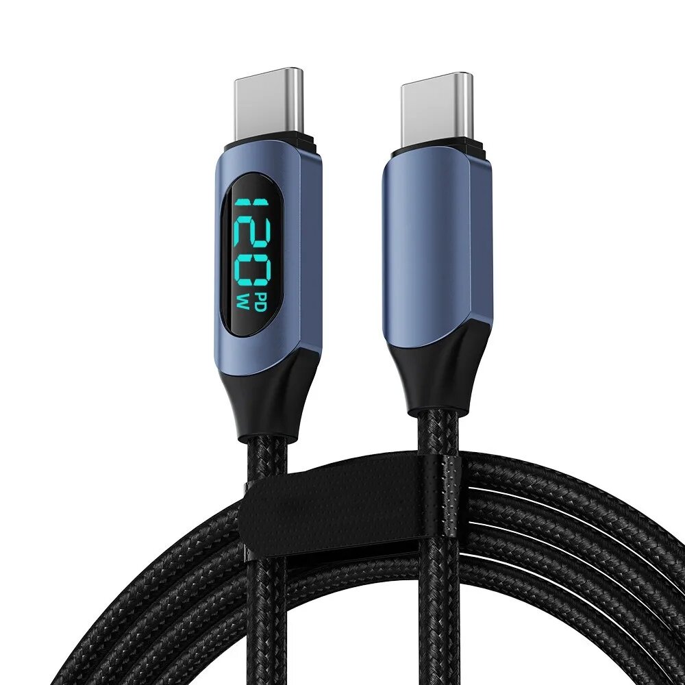 Кабель USB Type C на Type C 120W с дисплеем, 1 м, синий