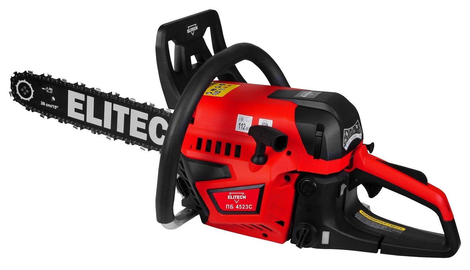 Бензопила Elitech / Элитек ПБ 4523C бытовая, полотно 38см, шаг 0.325дюйма, 64 звена, 1750Вт / инструмент