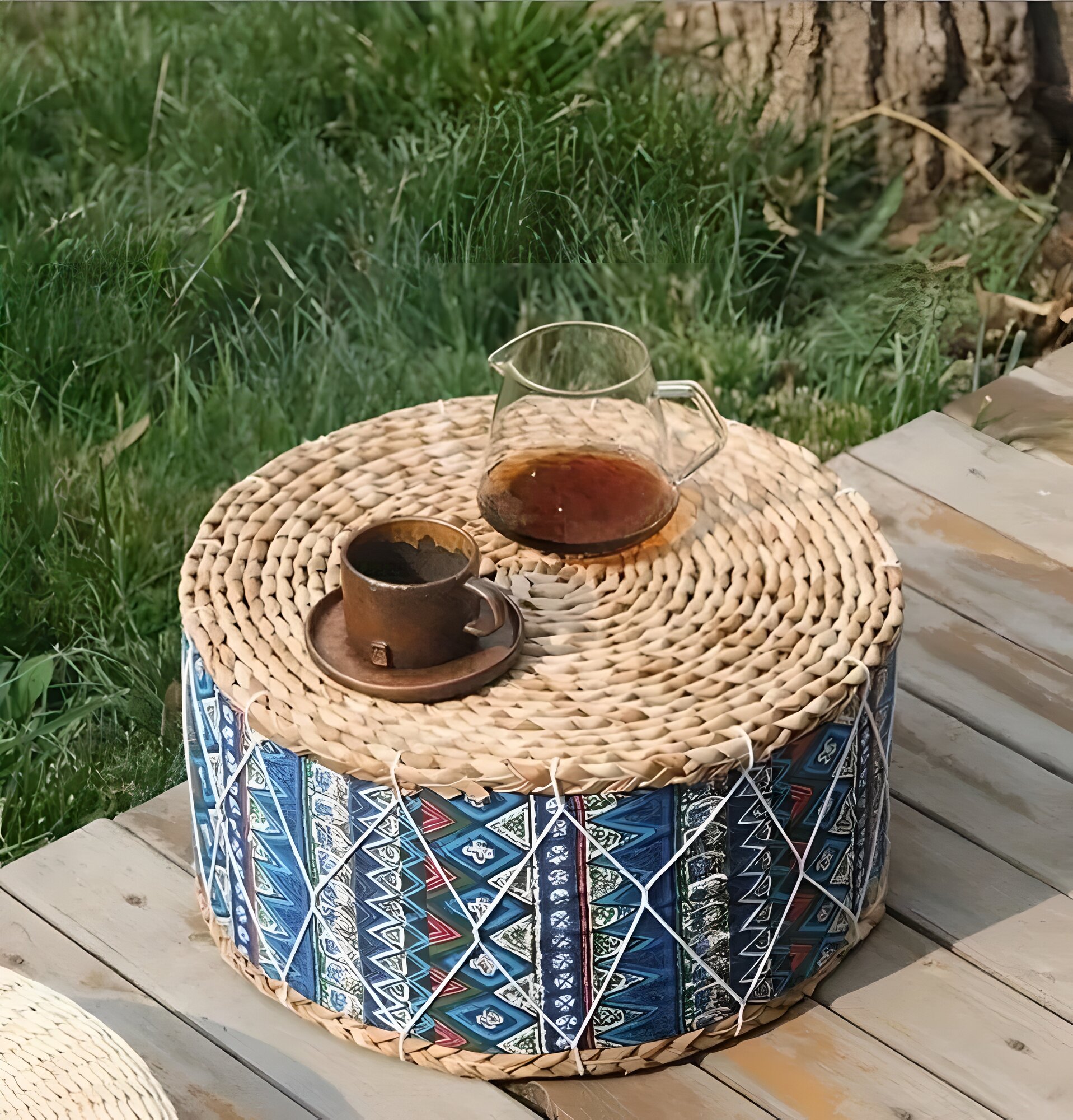 Пуф ручной работы, акрил, плетеный, темно-синий, 40x40x20 см