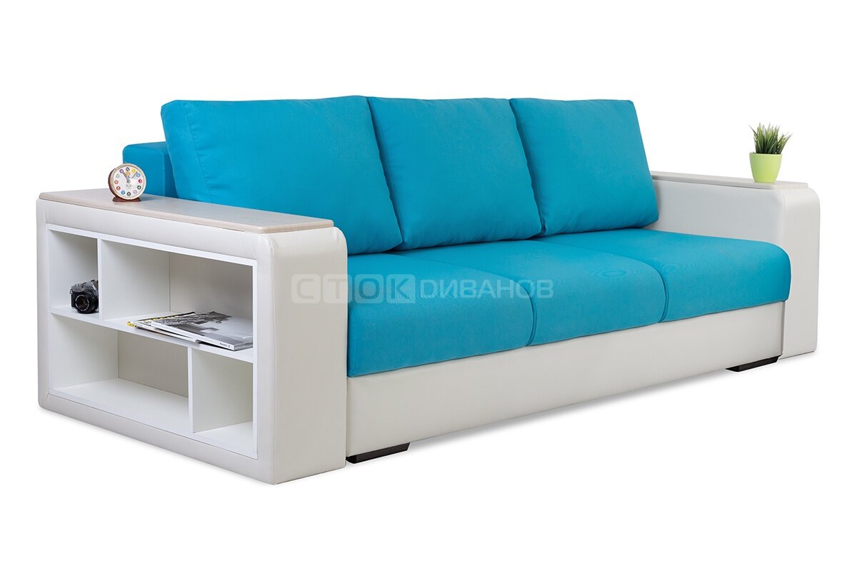 Диван Сток Диванов Манчестер Blue синий 265 см, механизм еврокнижка, с полочками в подлокотнике