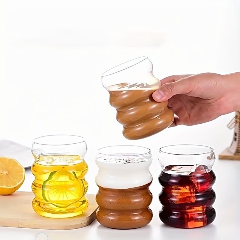 Набор стеклянных волнистых стаканов для кофе, латте, чая, бокал 300 мл 4 шт прозрачный