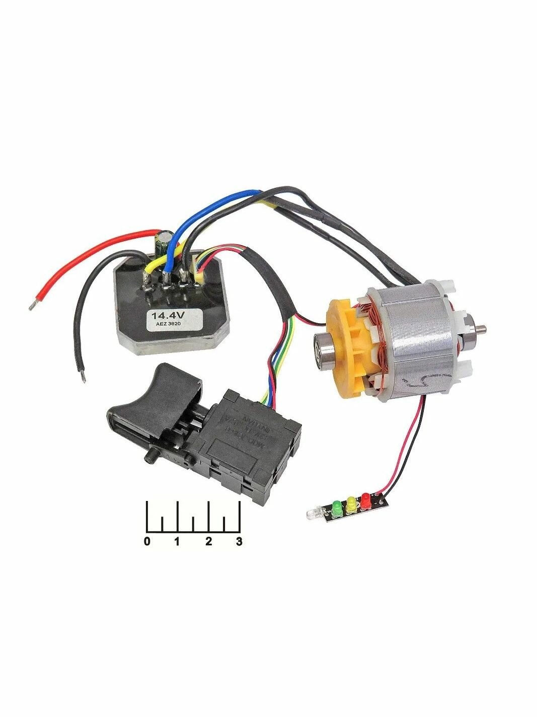 Двигатель бесщеточный 14.4V для шуруповерта, с блоком управления, кнопкой включения и LED-индикаторами