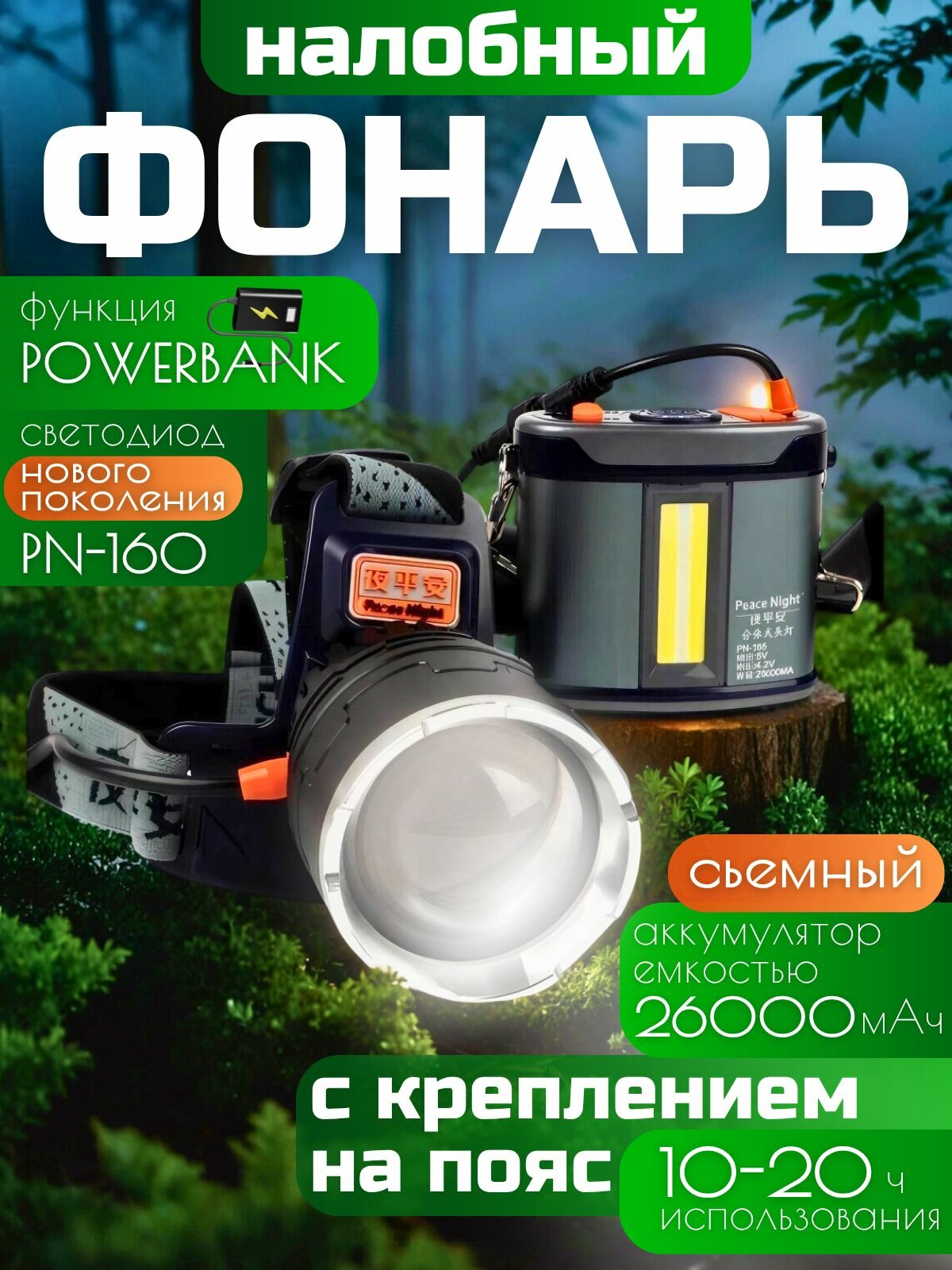 Фонарь налобный, аккумуляторный, светодиодный, LED с мощным аккумулятором