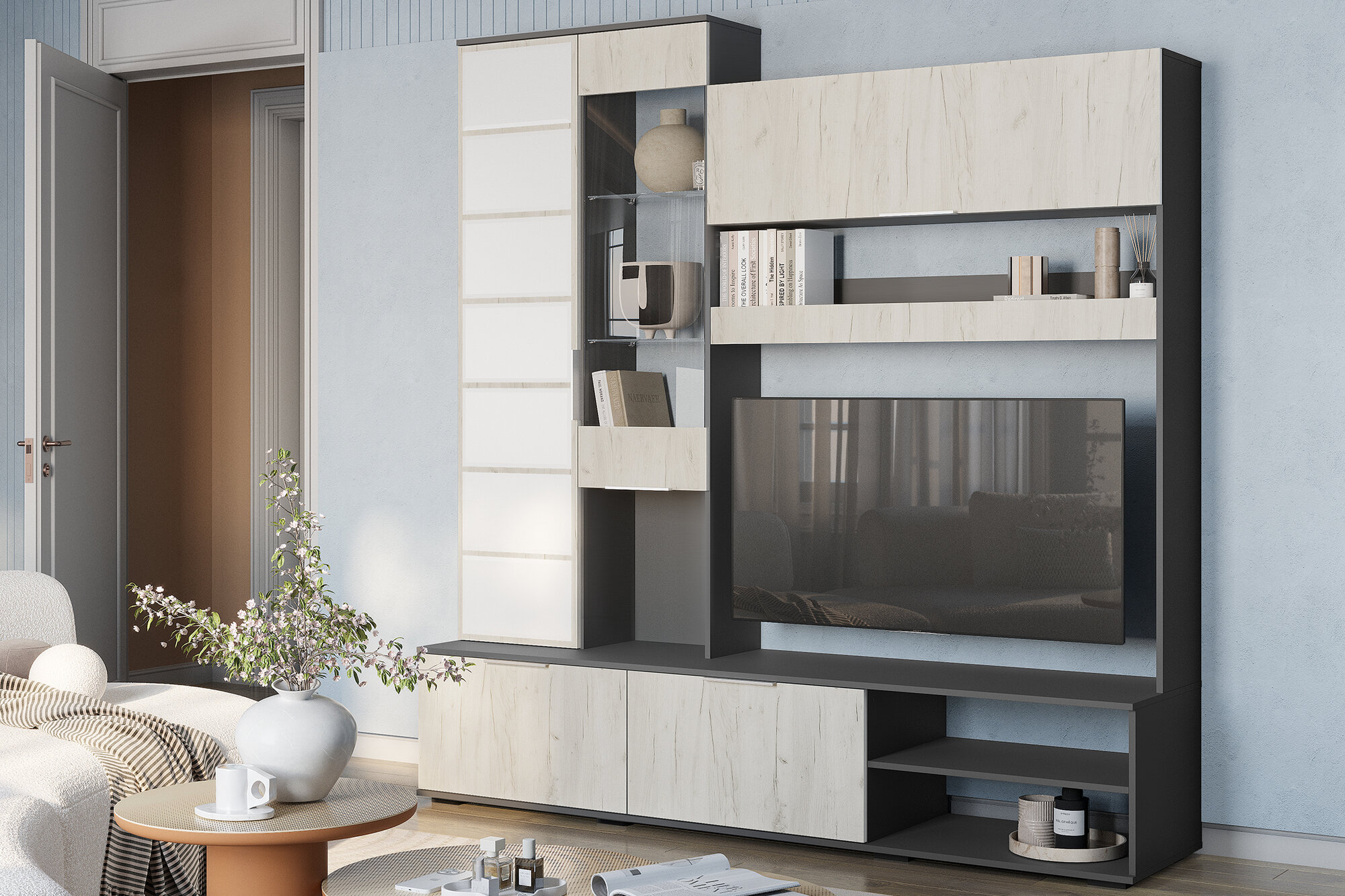 Стенка в гостиную Нонтон Плаза, 200.4х46х217х6 см, графит / дуб крафт белый