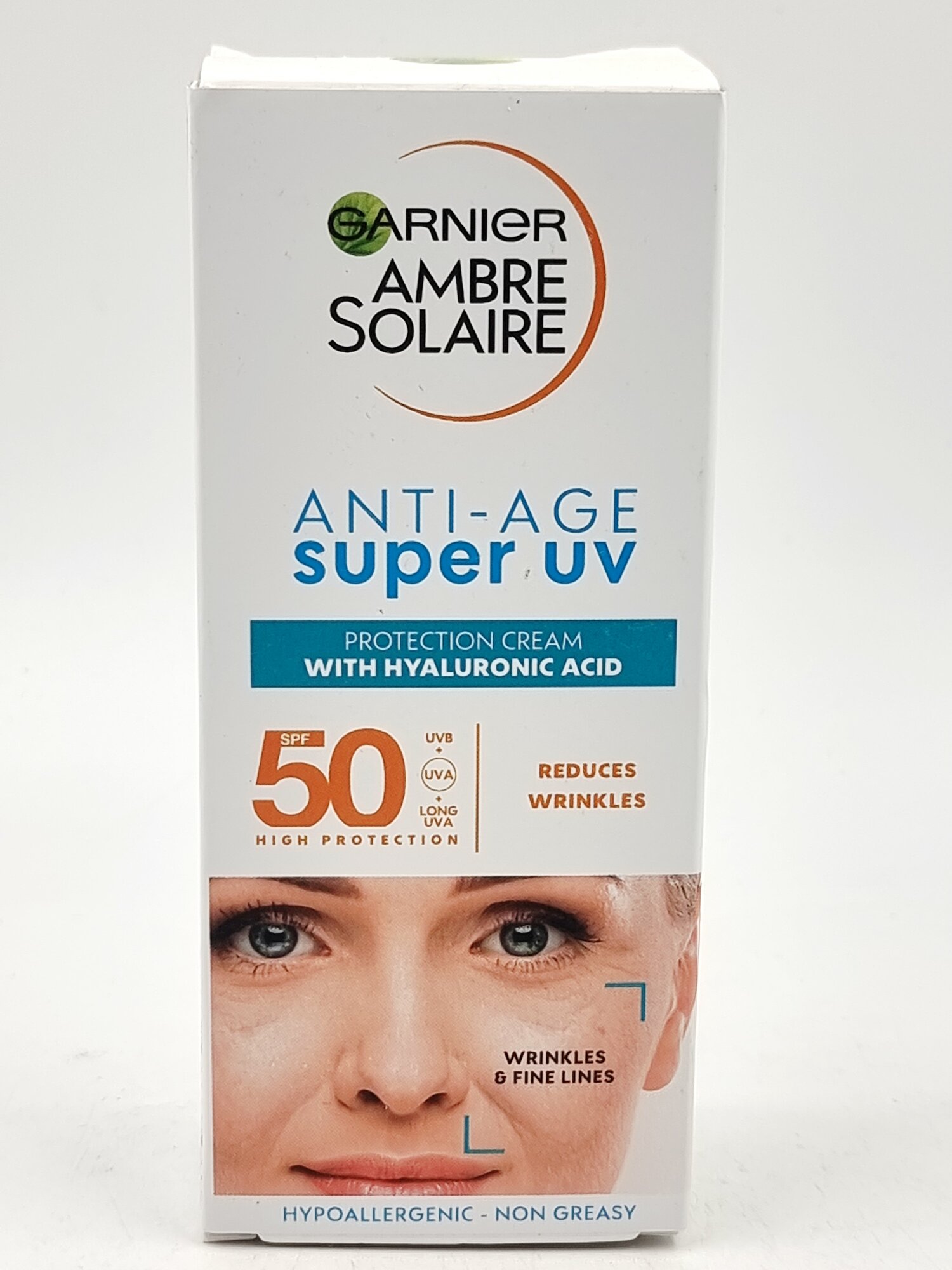 Крем для лица SPF 50 Garnier Ambre Solaire Anti-Age super UV с гиалуроновой кислотой 50 мл (Франция)