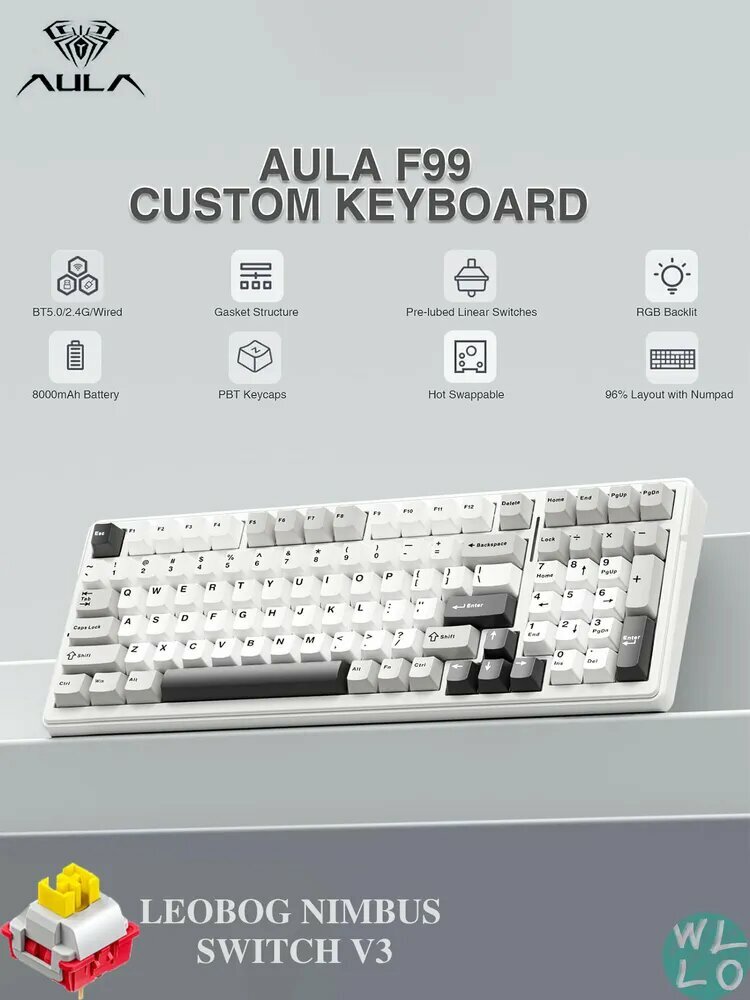 AULA Игровая клавиатура беспроводная Беспроводная механическая клавиатура Aula F99, 98%, Bluetooth 5.0, 2.4Ghz, USB Type-C, Подарить стикеры с русской раскладкой, (Leobog Nimbus V3), Английская раскладка, белый, светло-серый