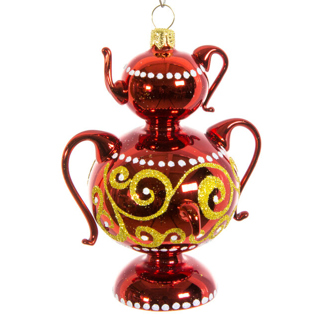Стеклянная елочная игрушка Самоварчик Расписной 8 см красный, подвеска, Фабрика Елочка, С64-кр