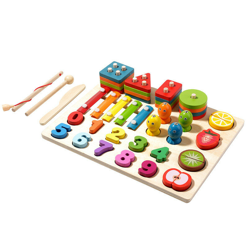 Образовательная деревянная игрушка для детей с рыболовным пазлом и музыкальным ксилофоном для развития мозга