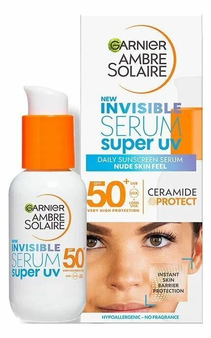 GARNIER Ambre Solaire Cолнцезащитная сыворотка для лица Невидимая Защита Супер UV Invisible, SPF 50+, 30мл