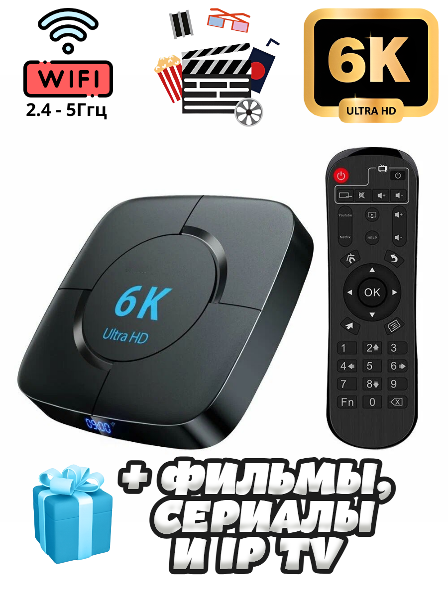 Андроид ТВ приставка Transpeed 6К 2/16Гб + Фильмы/Сериалы/Каналы IPTV, Гарантия 6 мес