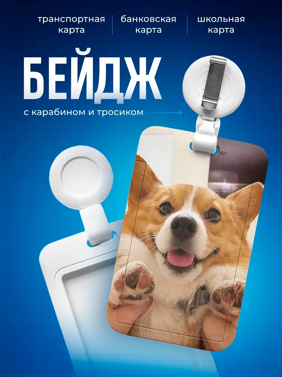 Бейдж с принтом, чехол для пропуска, с карабином и тросиком Корги