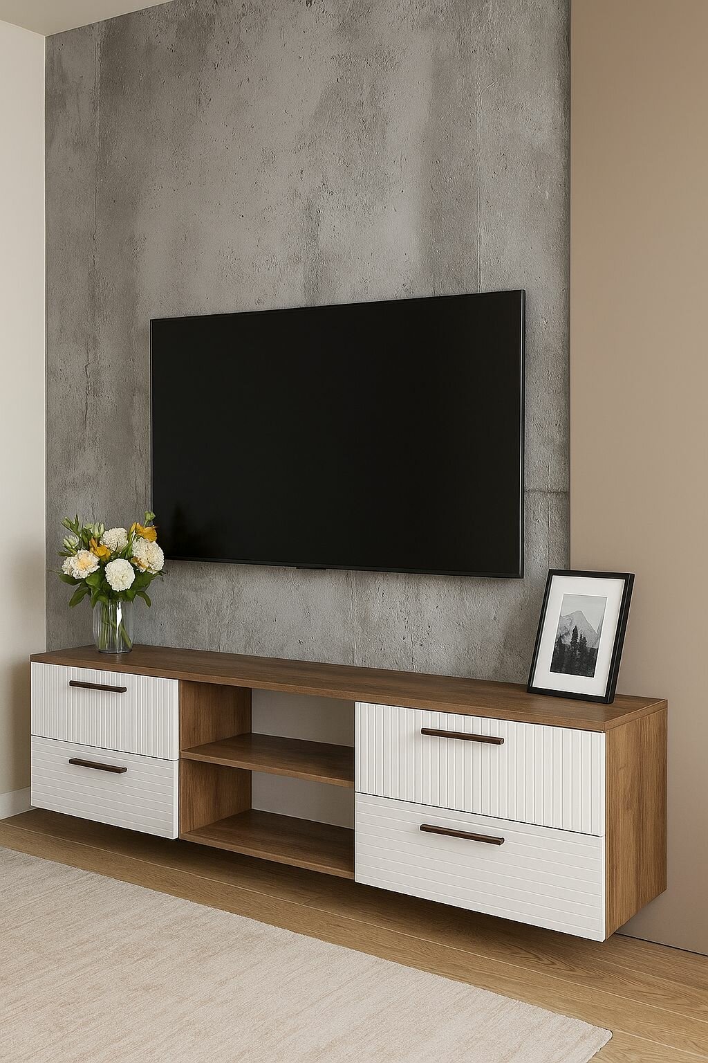 Тумба под телевизор Копенгаген с полками подвесная ЛДСП Дуб самдал / МДФ Белый матовый 150х40x50