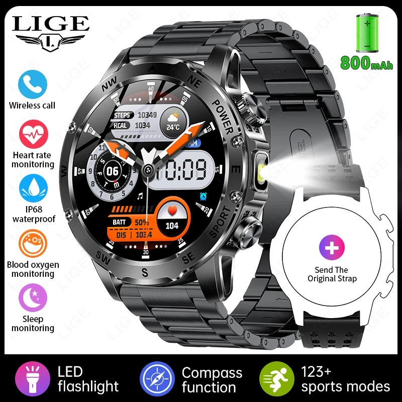 LIGE умные часы мужские Steel Black 800mAh