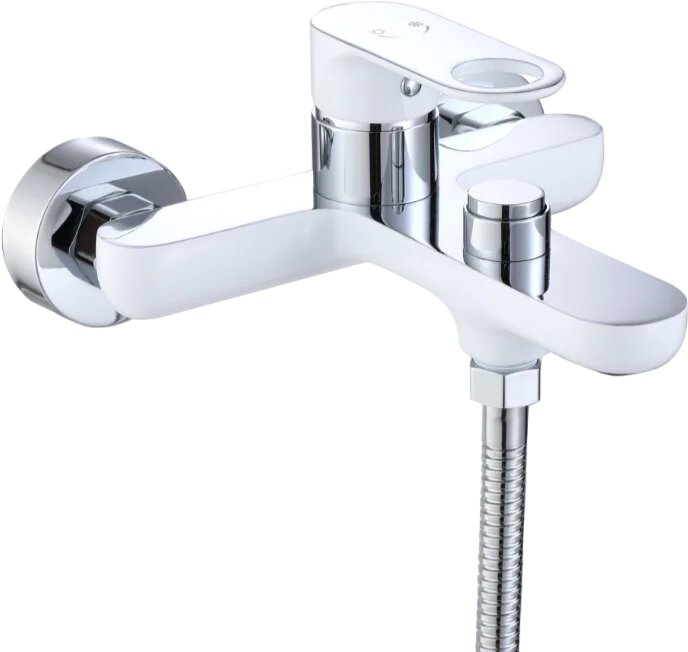 Смеситель для ванны с душем D-lin D130377-C с душевым гарнитуром, настенный, однорычажный, белый, глянцевый, латунный, с керамическим картриджем