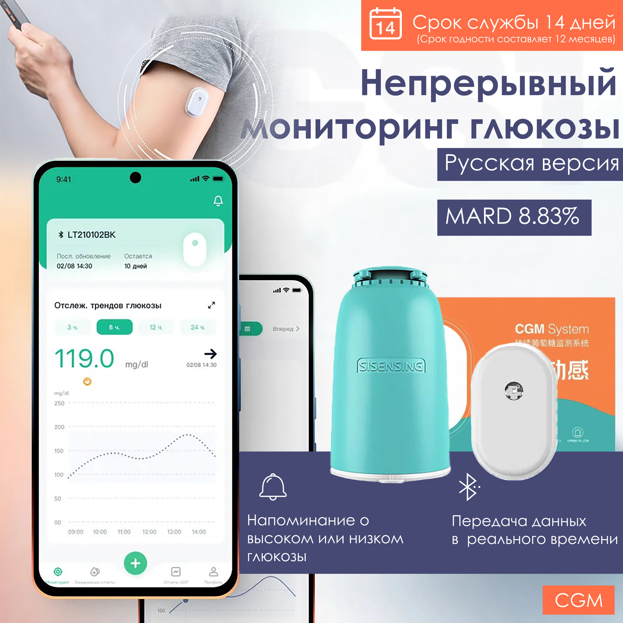 Глюкометр, 14 дней, динамическое определение уровня глюкозы в крови