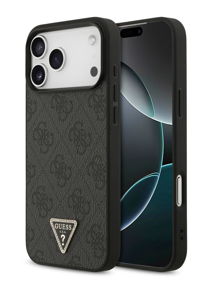 Guess чехол MagSafe для iPhone 17 Pro. PU кожа 4G Triangle Diamond metal logo, черный