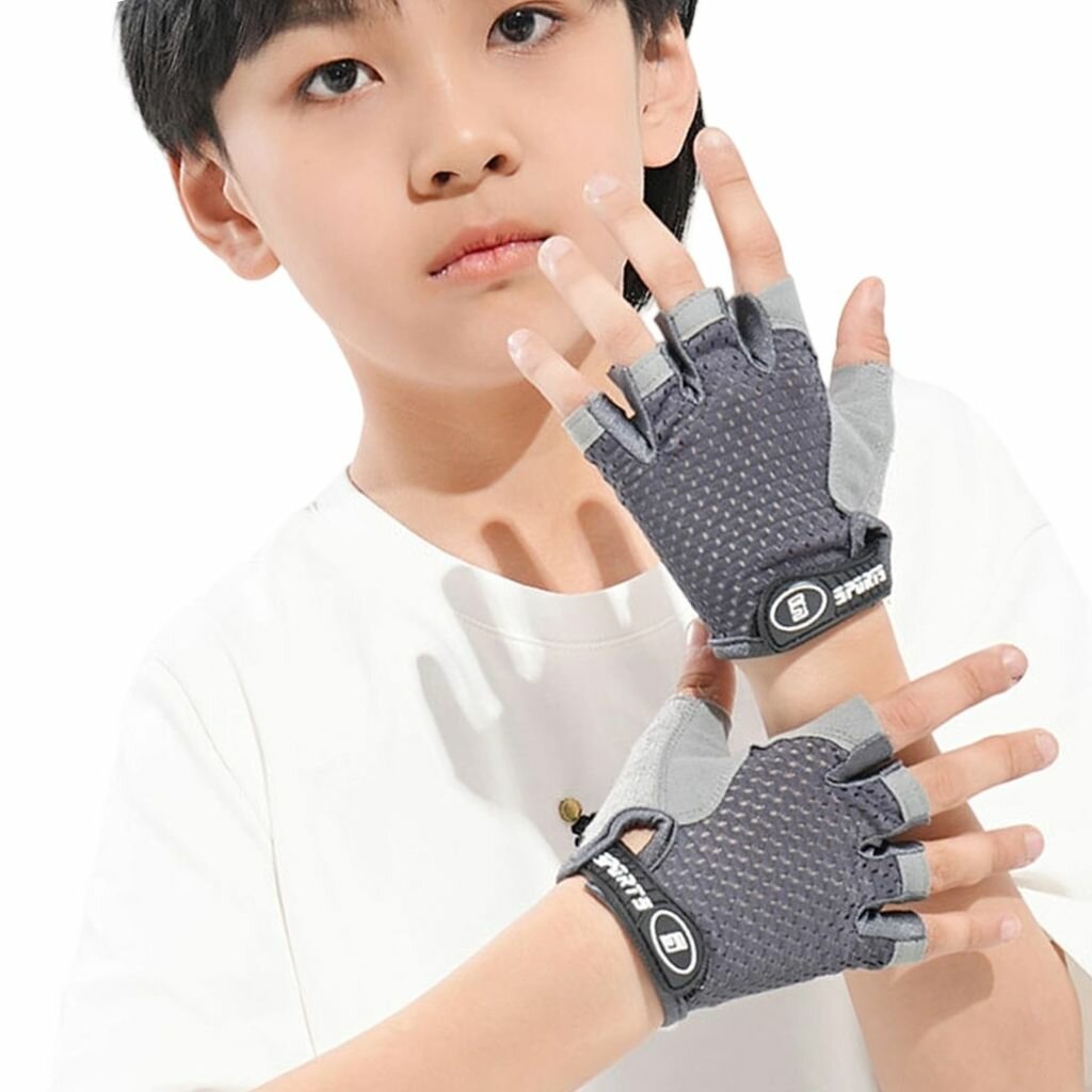 Защитные перчатки для занятий фитнесом на турнике, бейсболе, велоспорте-серые-сетчатые детские модели на полпальца