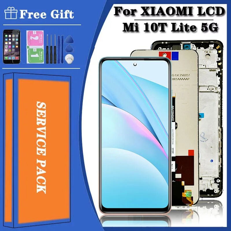 6,67 'дисплей для Xiaomi Mi 10T Lite 5G ЖК-дисплей с цифровым преобразователем сенсорного экрана в сборе, замена для Mi10T Lite M2007J17G ЖК-дисплей With Blue Frame