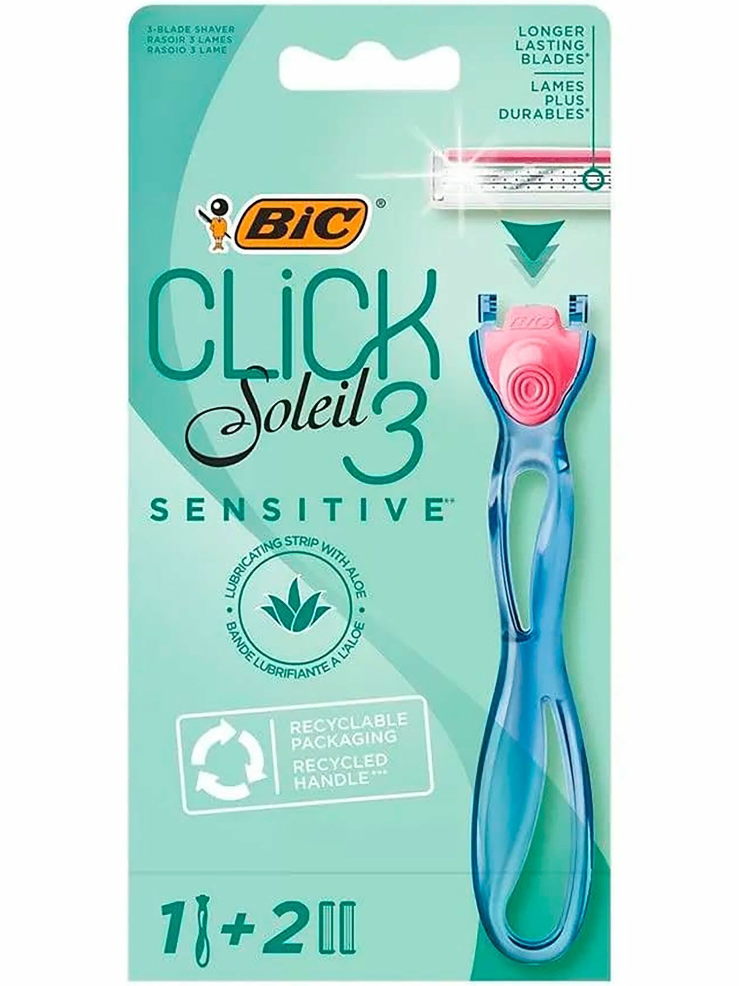 Bic Бритва LADY 3 SOLEIL CLICK SENSITIVE (1 станок, 2 кассеты), женская, 3 лезвия, увл. полоска, плав. головка, для чувствительной кожи