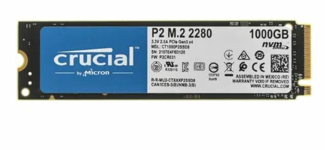 1000 ГБ SSD M.2 накопитель Crucial P2 (CT1000P2SSD8) - PCI-E 3. x x4, чтение - 2400 Мбайт/сек, запись - 1800 Мбайт/сек, 3D NAND, NVM Express