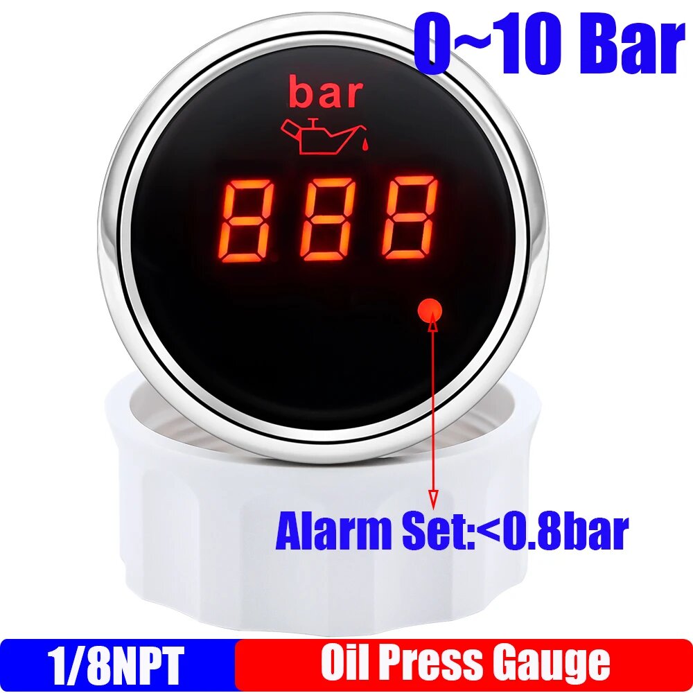 Цифровой манометр масла 52 мм с мигающей сигнализацией, водонепроницаемый индикатор давления масла 0-10 бар для авто, лодки, 12 В, 24 В, на заказ, BS Gauge
