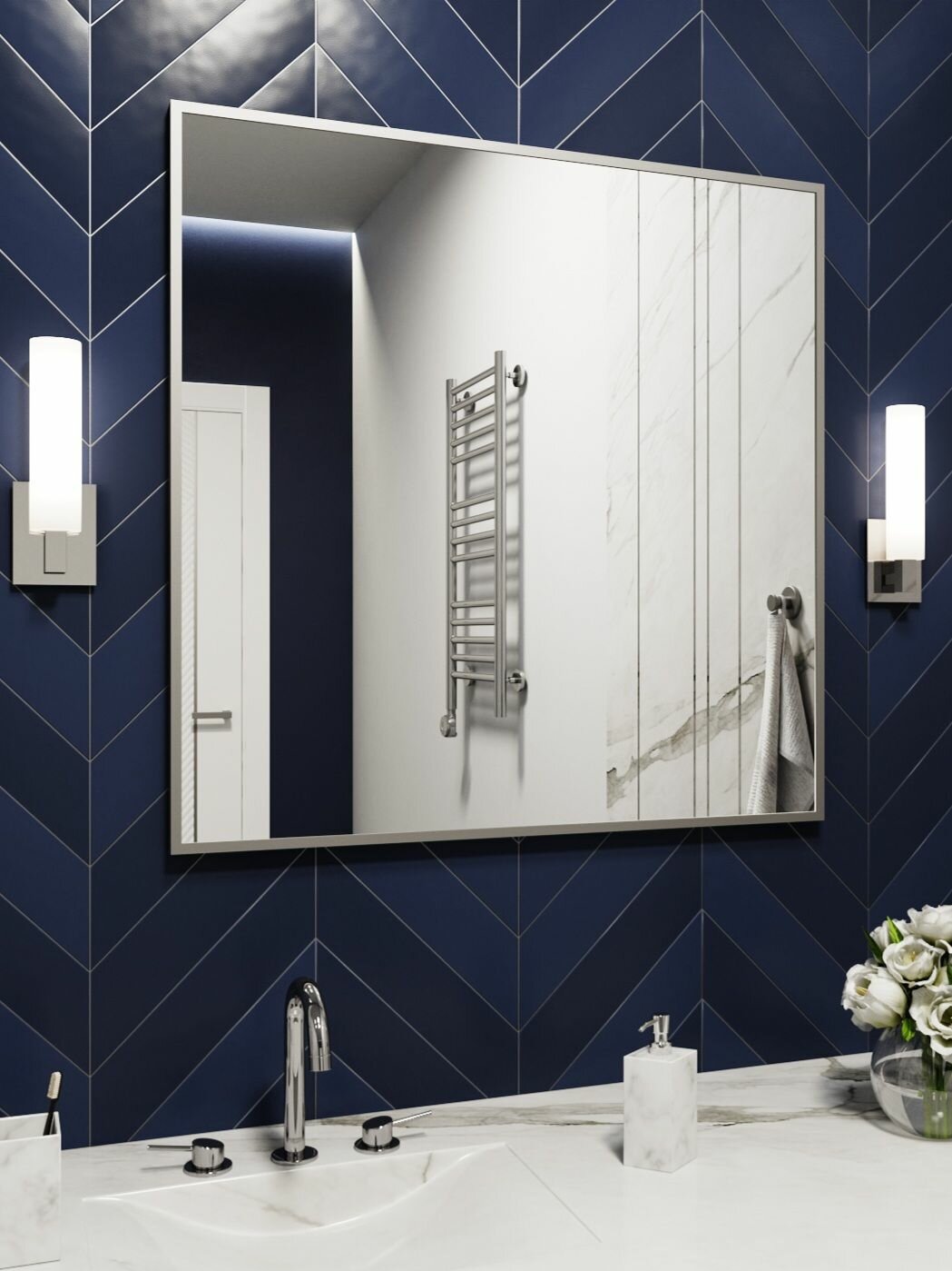 Зеркало настенное 70х70 см. ONE MARKET в ванную в алюминиевой раме, Серебро