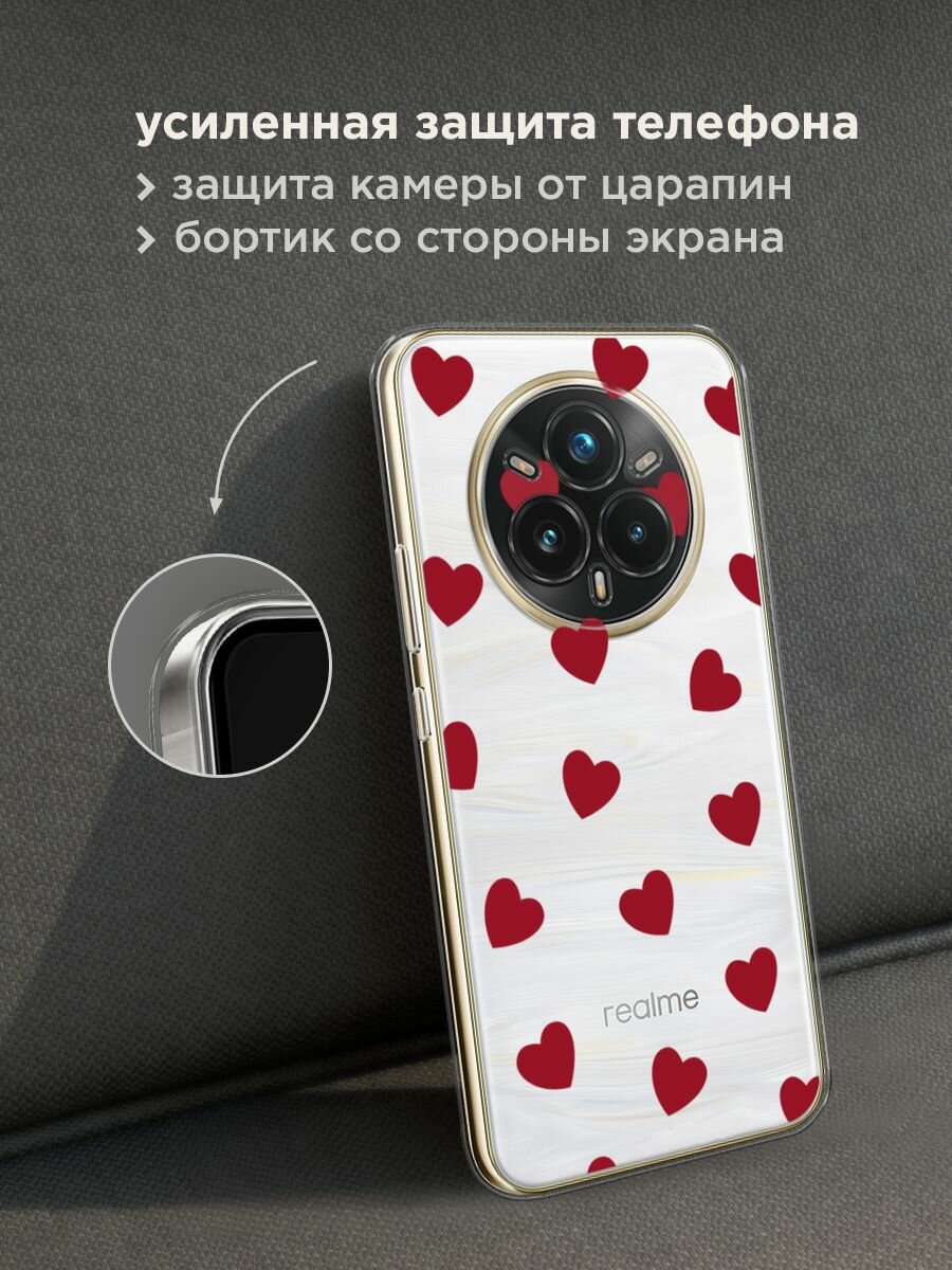 Чехол на Realme 14 Pro+ / Реалми 14 Про+ с принтом "Бордовые сердечки паттерн - 14 февраля", прозрачный — фото 1