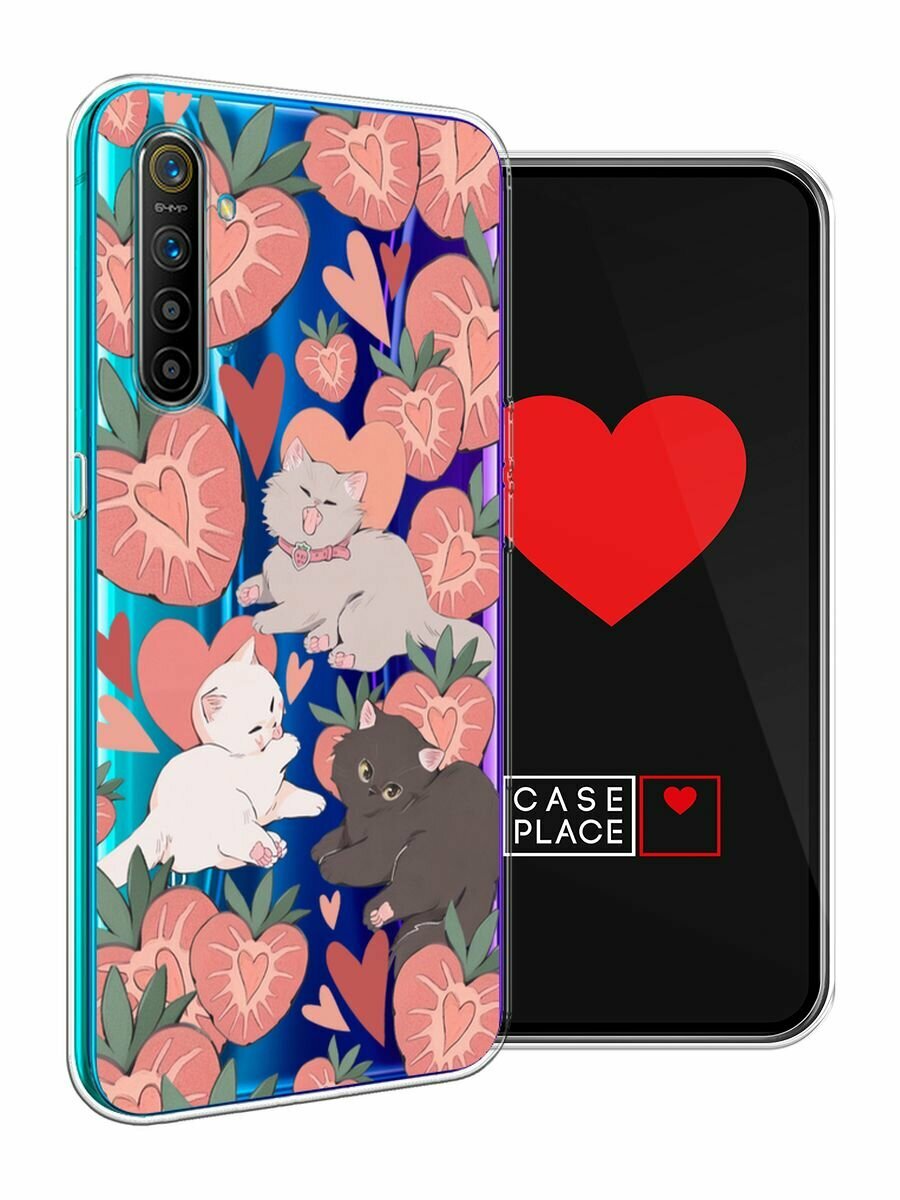 Чехол на Realme XT / Реалми XT с принтом "Клубничные котики", прозрачный — фото 1