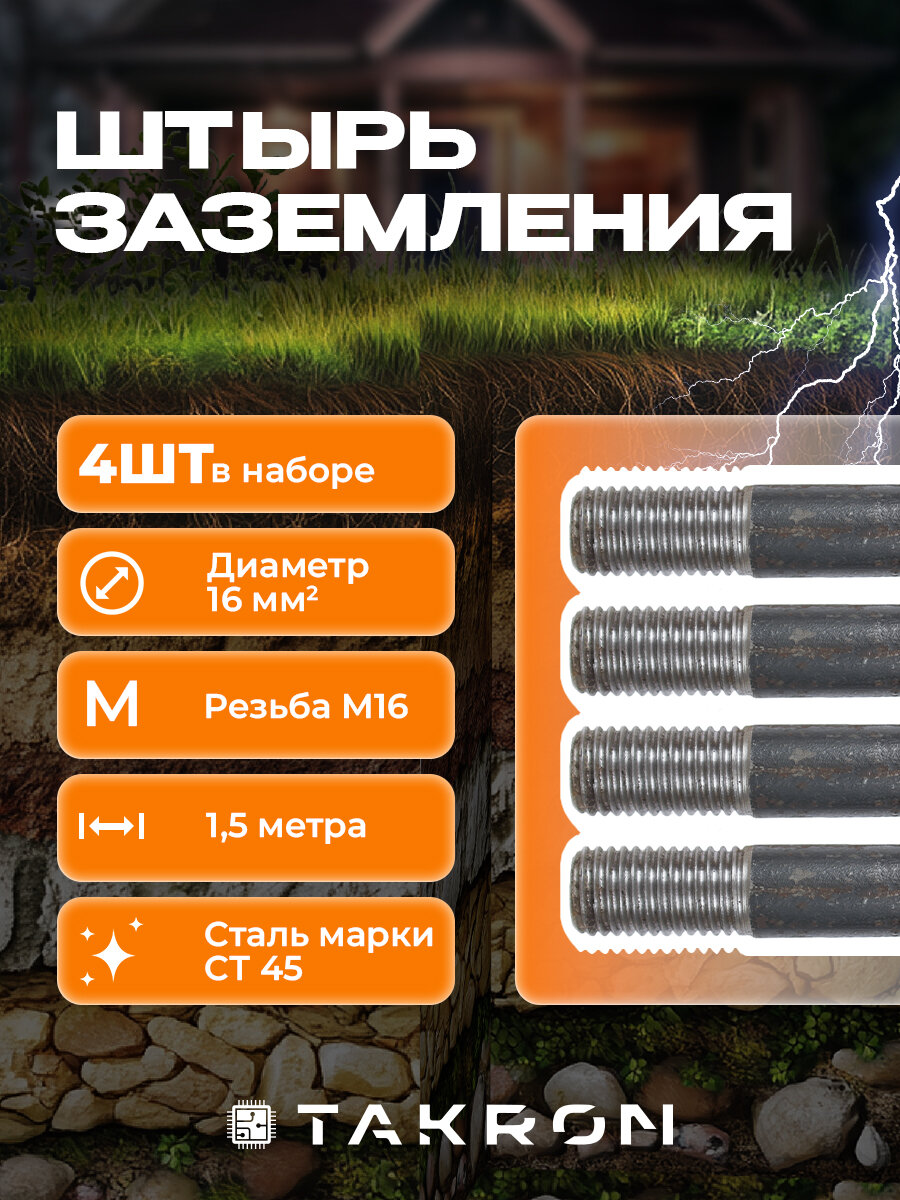 Штырь стальной для заземления 1,5 метра 4 шт.