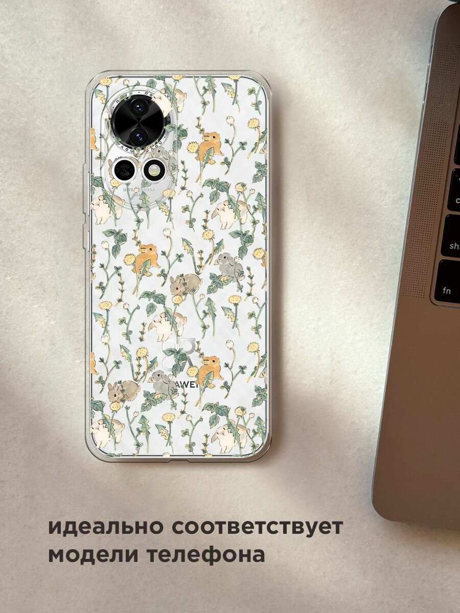 Чехол на Huawei Nova 12/Nova13 / Хуавей Нова 12/Нова 13 с принтом "Кролики в одуванчиках", прозрачный — фото 1