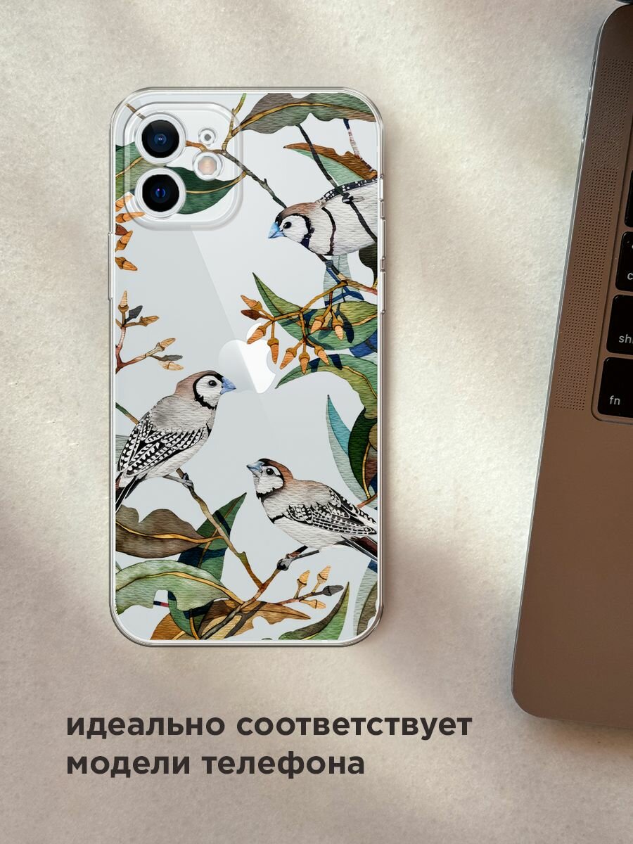 Чехол на Apple iPhone 12 mini / Айфон 12 Мини с принтом "Птицы в листве", прозрачный — фото 1