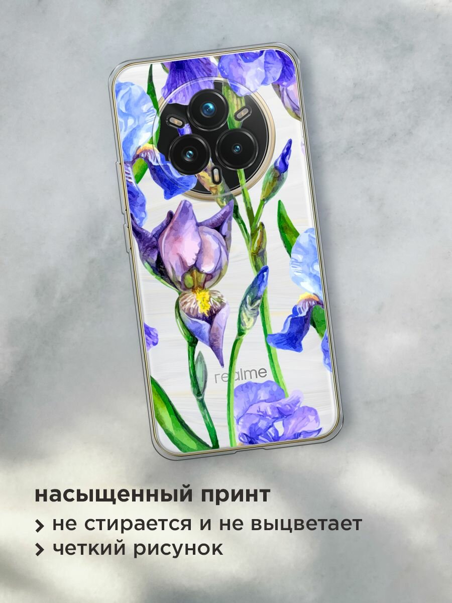 Чехол на Realme 14 Pro+ / Реалми 14 Про+ с принтом "Синие ирисы", прозрачный — фото 1