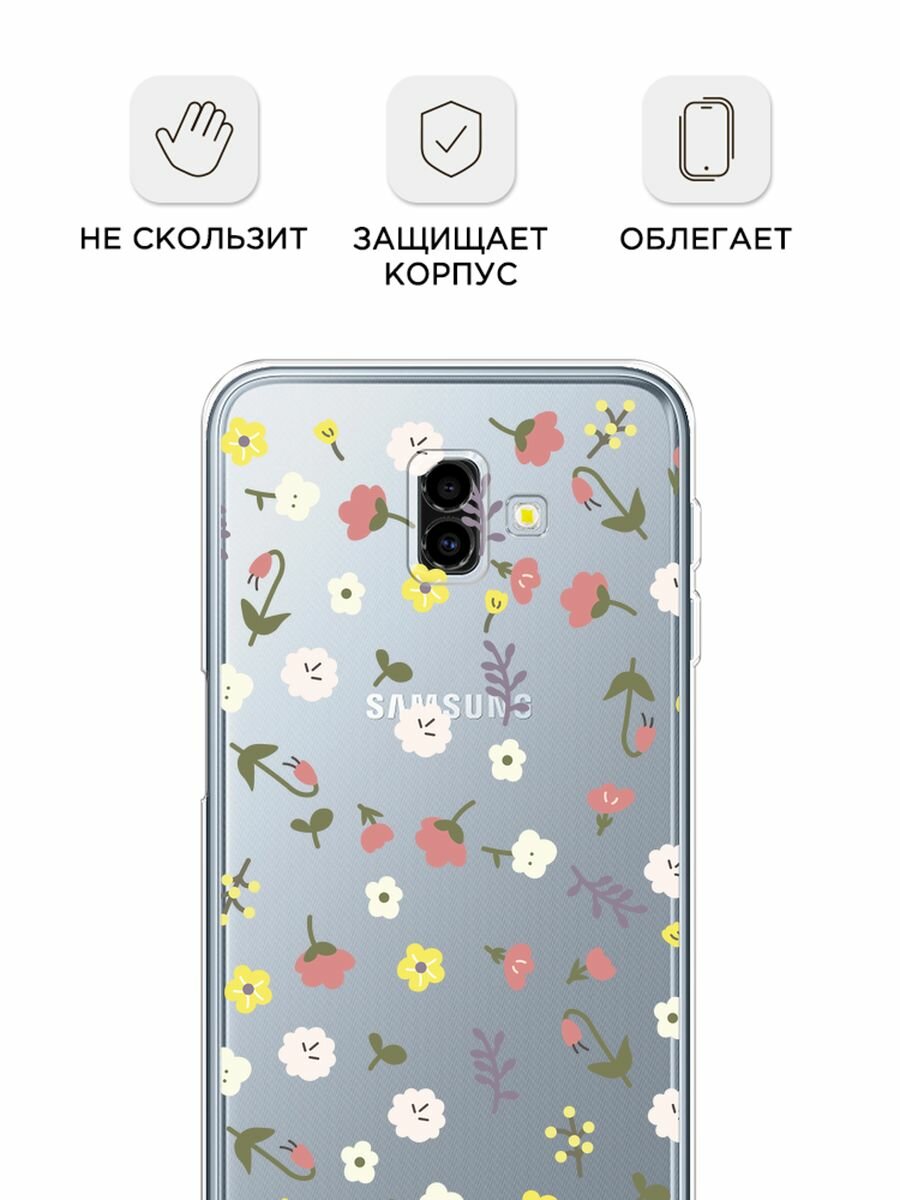 Чехол на Samsung Galaxy J6 + / Самсунг Галакси J6 Плюс 2018 с принтом "Россыпь цветов рисунок", прозрачный — фото 1