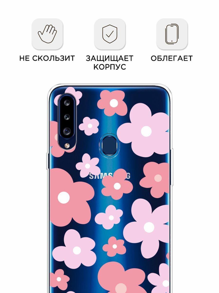 Чехол на Samsung Galaxy A20s / Самсунг Галакси A20s с принтом "Нежные розовые цветочки рисунок", прозрачный — фото 1
