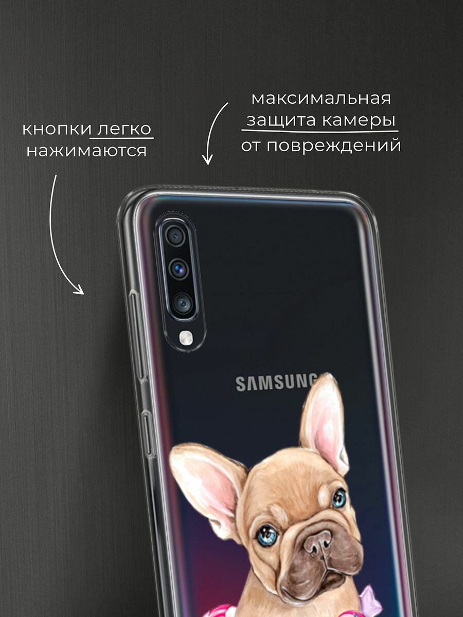 Чехол на Samsung Galaxy A70 / Самсунг Галакси А70 с принтом "Бульдог и сладости", прозрачный — фото 1