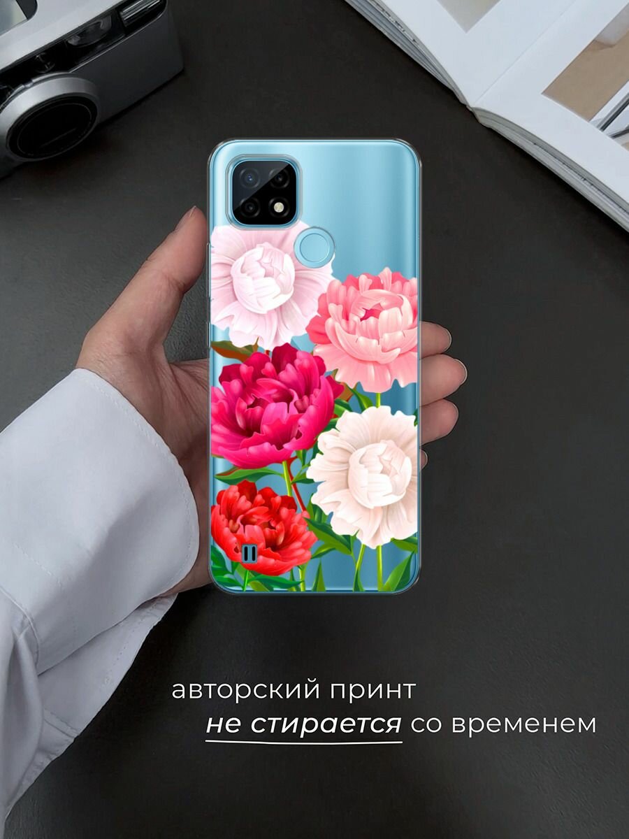 Чехол на Realme C21 / Реалми С21 с принтом "Большие пионы", прозрачный — фото 1