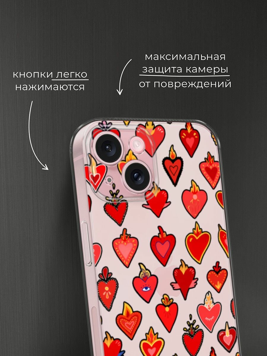 Чехол на Apple iPhone 15 / Айфон 15 с принтом "Дьявольские сердца паттерн", прозрачный — фото 1