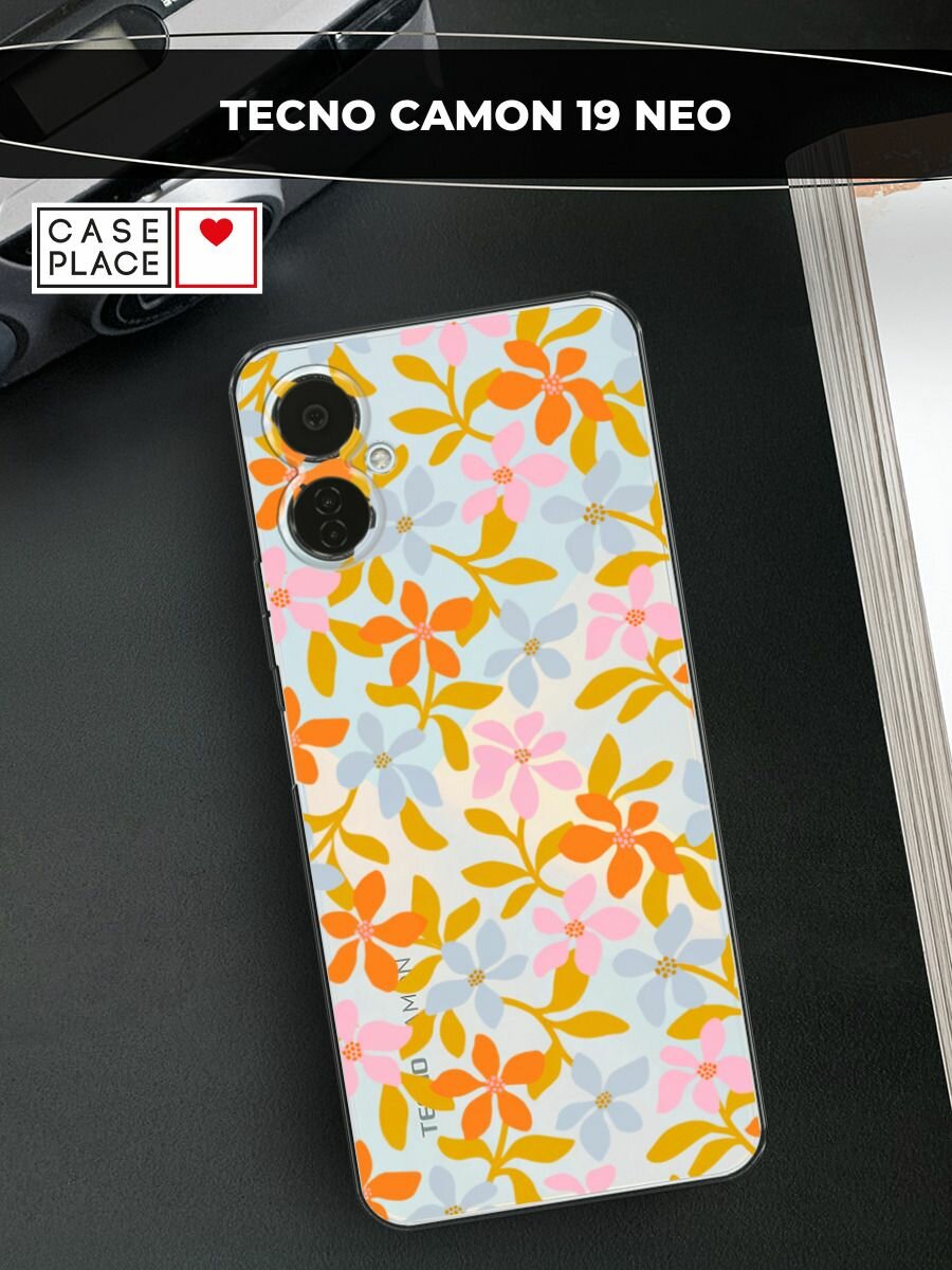 Чехол на Tecno Camon 19 Neo / Техно Камон 19 Нео с принтом "Оранжевые цветочки", прозрачный