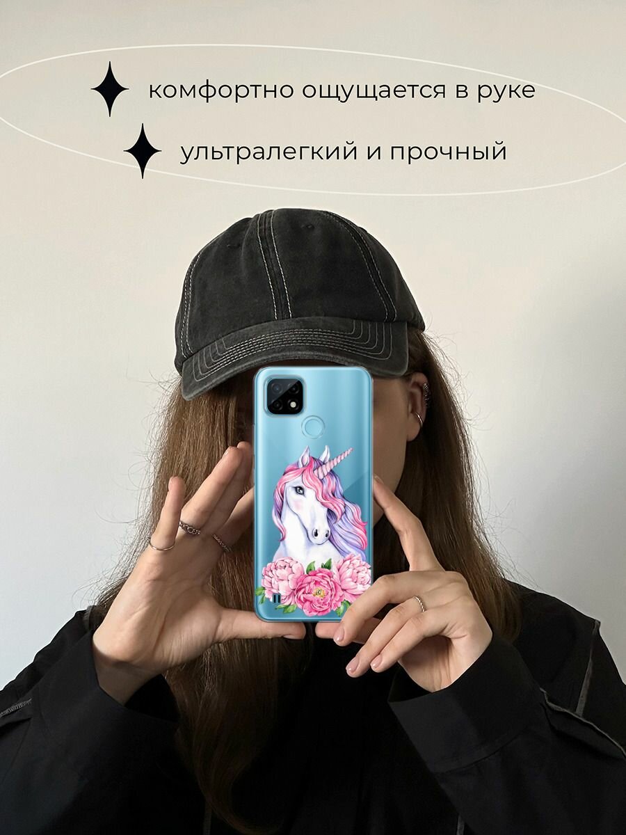Чехол на Realme C21 / Реалми С21 с принтом "Единорог с пионами", прозрачный — фото 1
