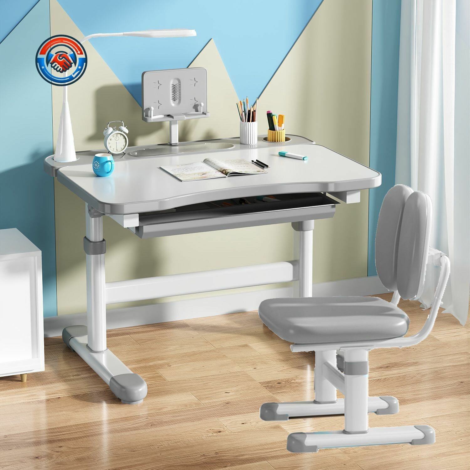 Растущая парта и стул SET HOLTO-19 с подарочной лампой и съемными чехлами, ортопедический школьный комплект для правильной осанки, регулируемая высота 54-76 см, наклон столешницы 0-50, антибликовая поверхность, органайзер и крючок для портфеля