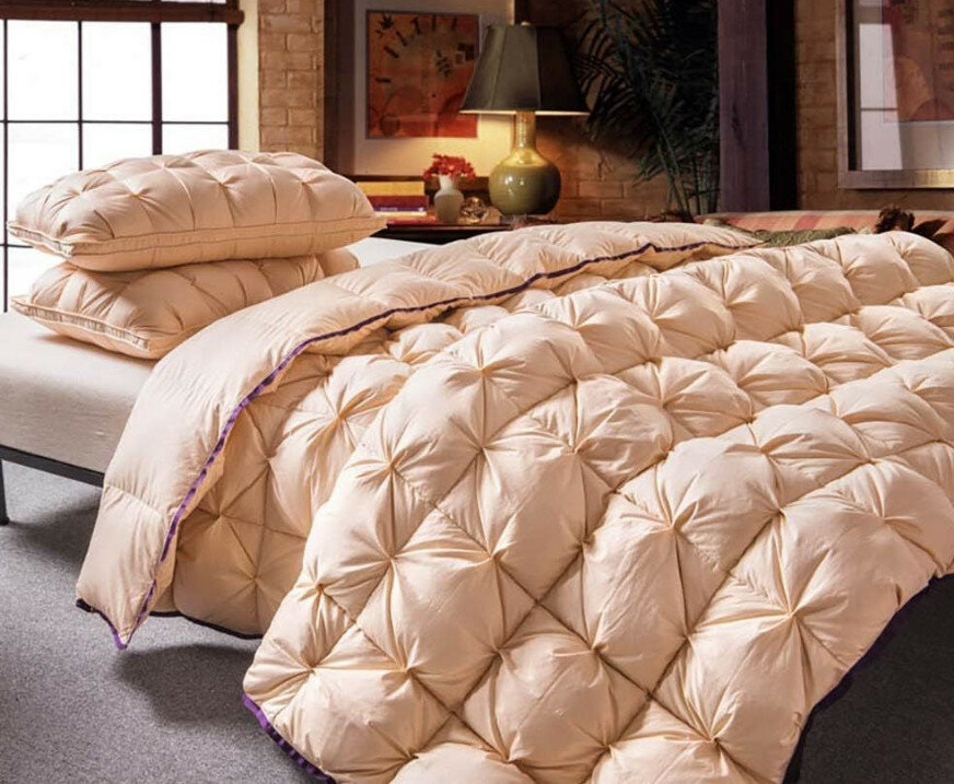 Одеяло евро 200х220 пуховое с буфами из 100% натурального пуха, Чехол натуральный хлопок цвета "персик"