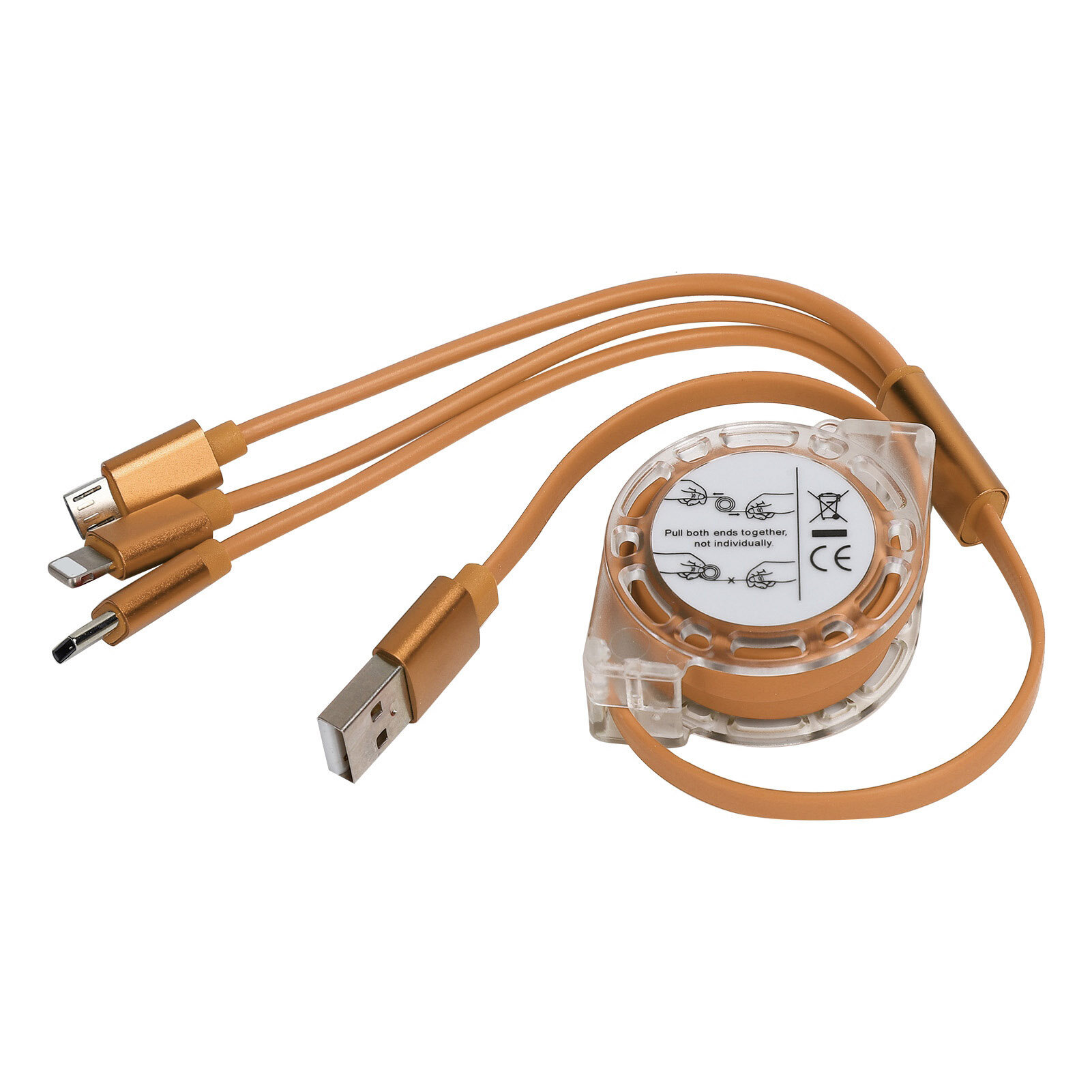 Универсальный выдвижной USB-кабель 3 в 1 из нейлоновой оплетки для зарядки устройств iOS/Type C/Micro Port, оранжевый.